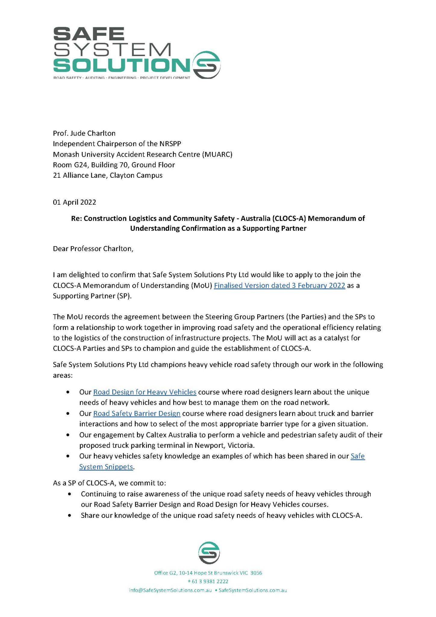 CLOCS-A Safe System Solutions Supporting Group Letter of Support - CLOCS-A