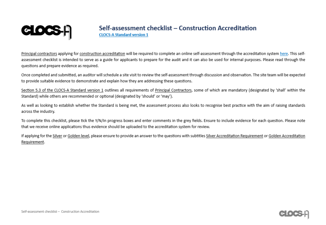 Self-assessment Checklist for Construction Accreditation - CLOCS-A