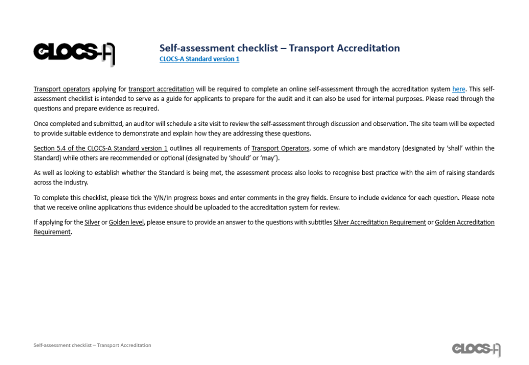 Self-assessment Checklist for Transport Accreditation - CLOCS-A